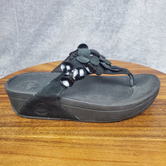 Fitflop | Shoes | Fitflop Sandals Womens 5 Black Leather Fleur Floral Slip On Comfort Thong ...